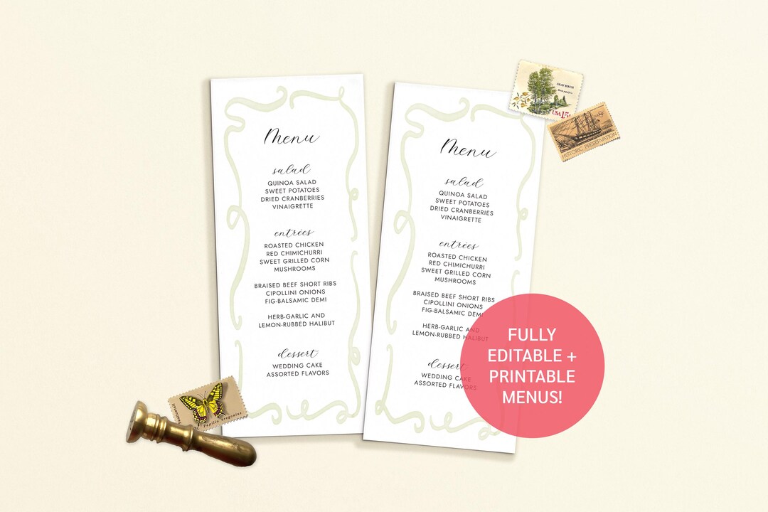Curly Watercolor Border Menu Template for DIY, 3-in-1 Colors - Green ...