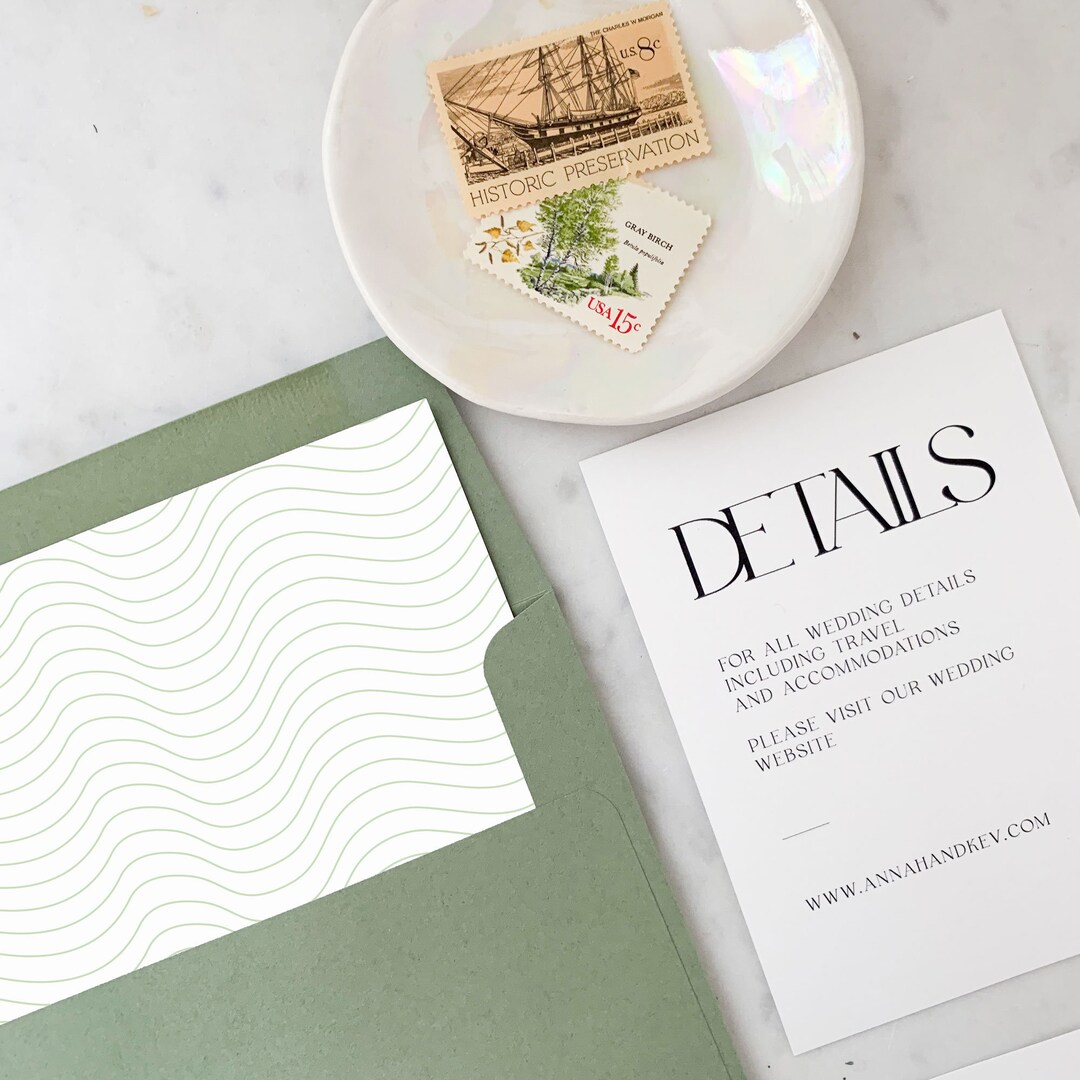Green Wavy Lines Square Envelope Liner SET OF 25, Printed Envelope Liners for Wedding ...
