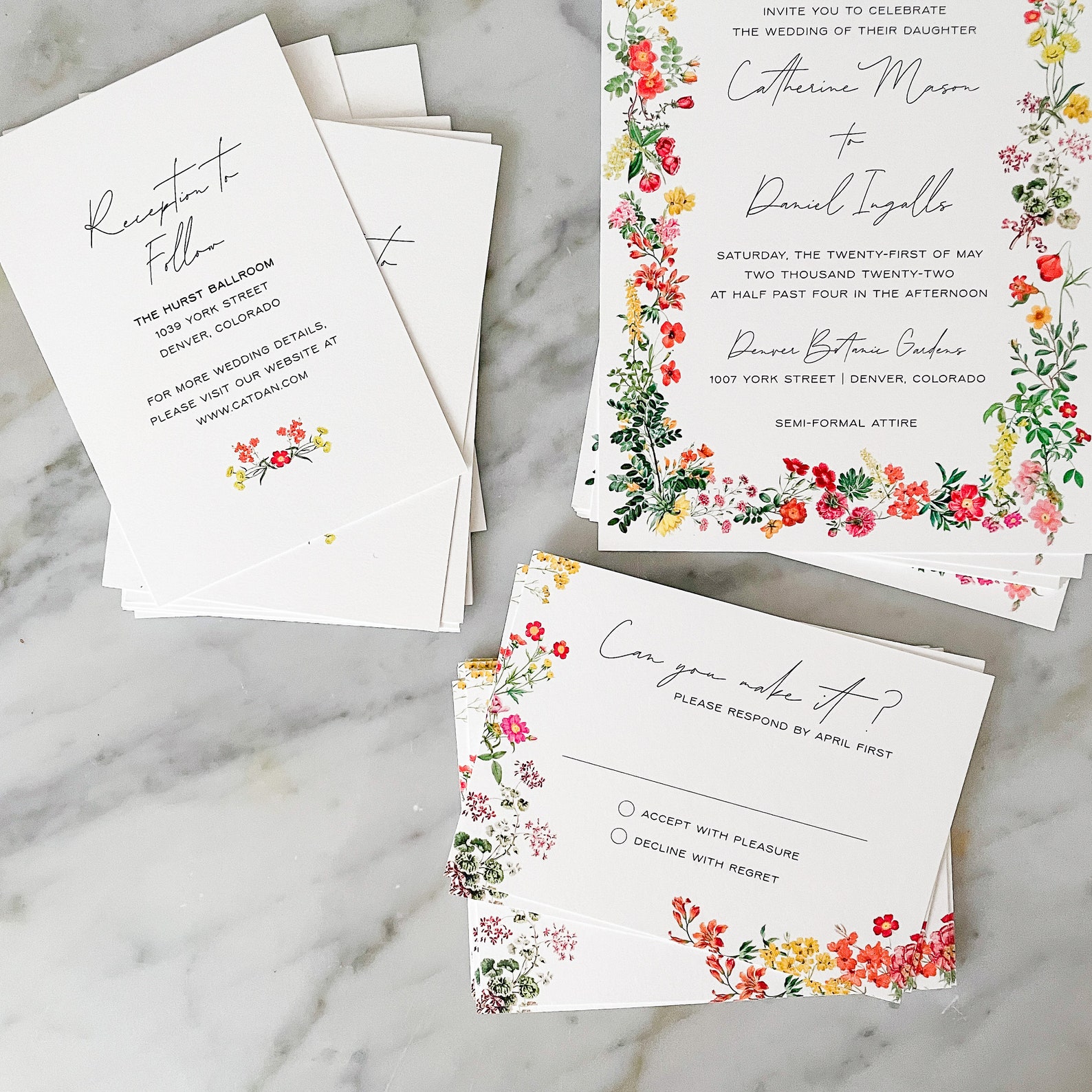 Pink Floral Wedding Invitation Set Bright Colors Invitation | Etsy