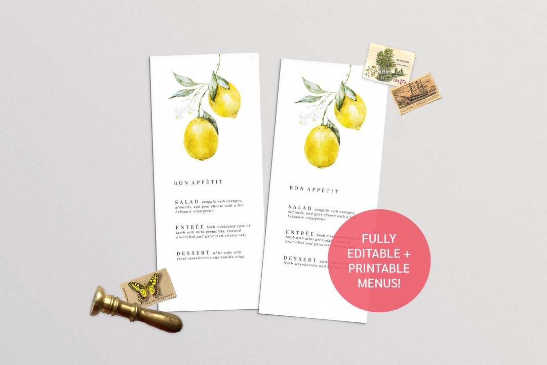 Lemons Menu Template | Download Printable Wedding Menu Card - Etsy