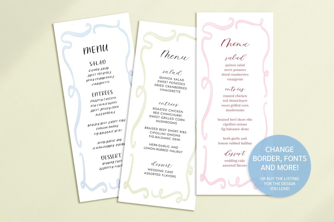 Curly Watercolor Border Menu Template for DIY, 3-in-1 Colors | Download ...