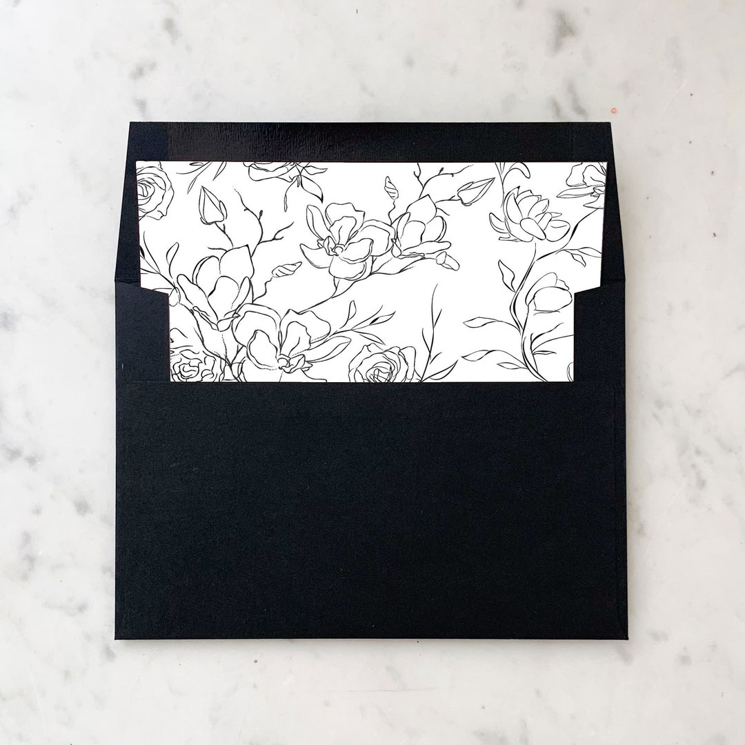 Black Flower Sketch Square Flap Envelope Liner - SET OF 25, Printed ...
