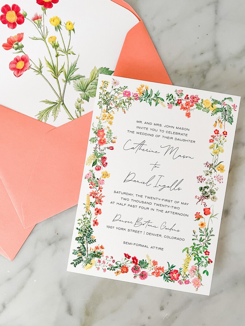 Pink Floral Wedding Invitation Set Bright Colors Invitation | Etsy