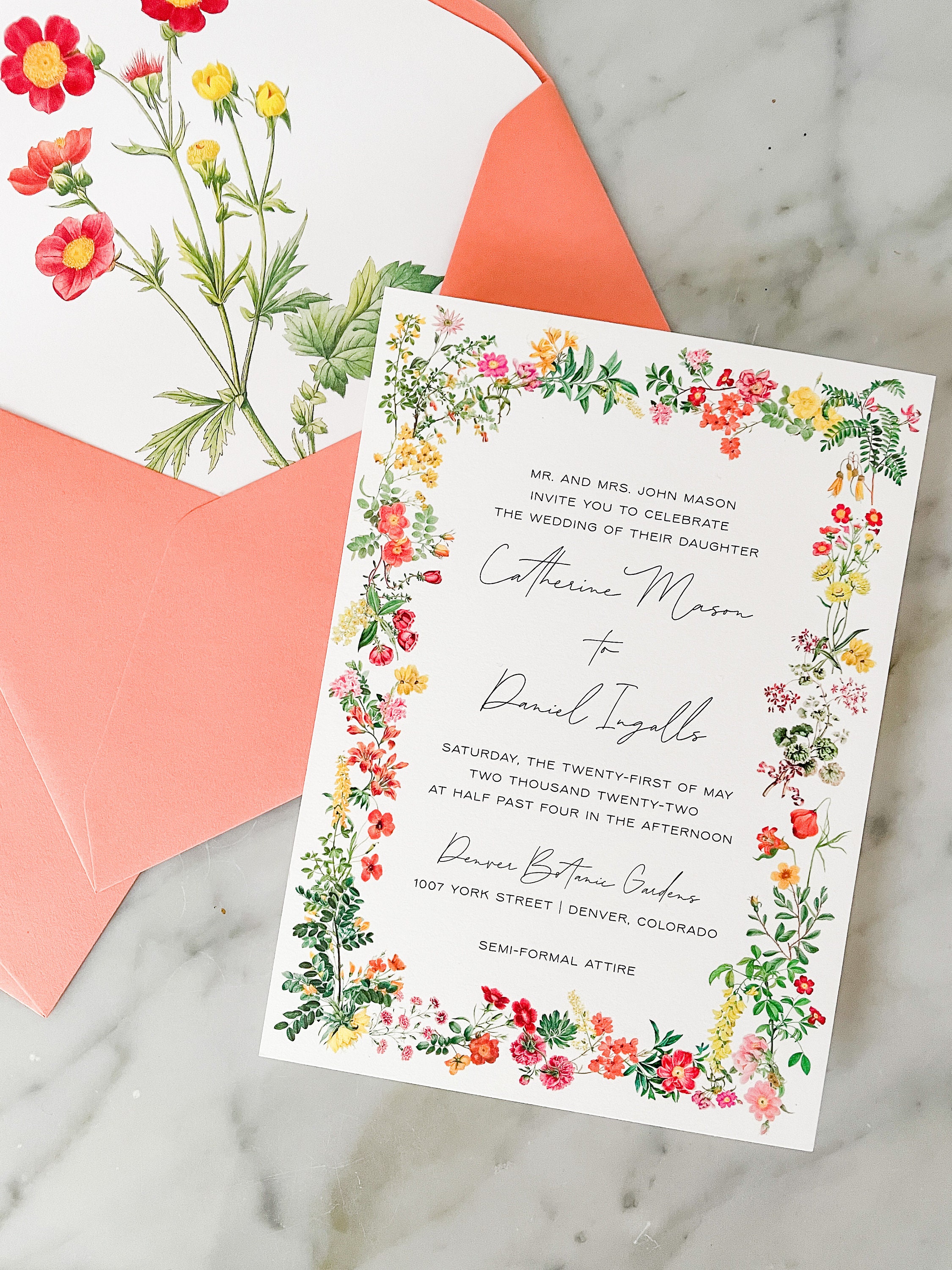 Pink Floral Wedding Invitation Set Bright Colors Invitation | Etsy