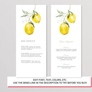 Lemons Menu Template | Download Printable Wedding Menu Card - Etsy