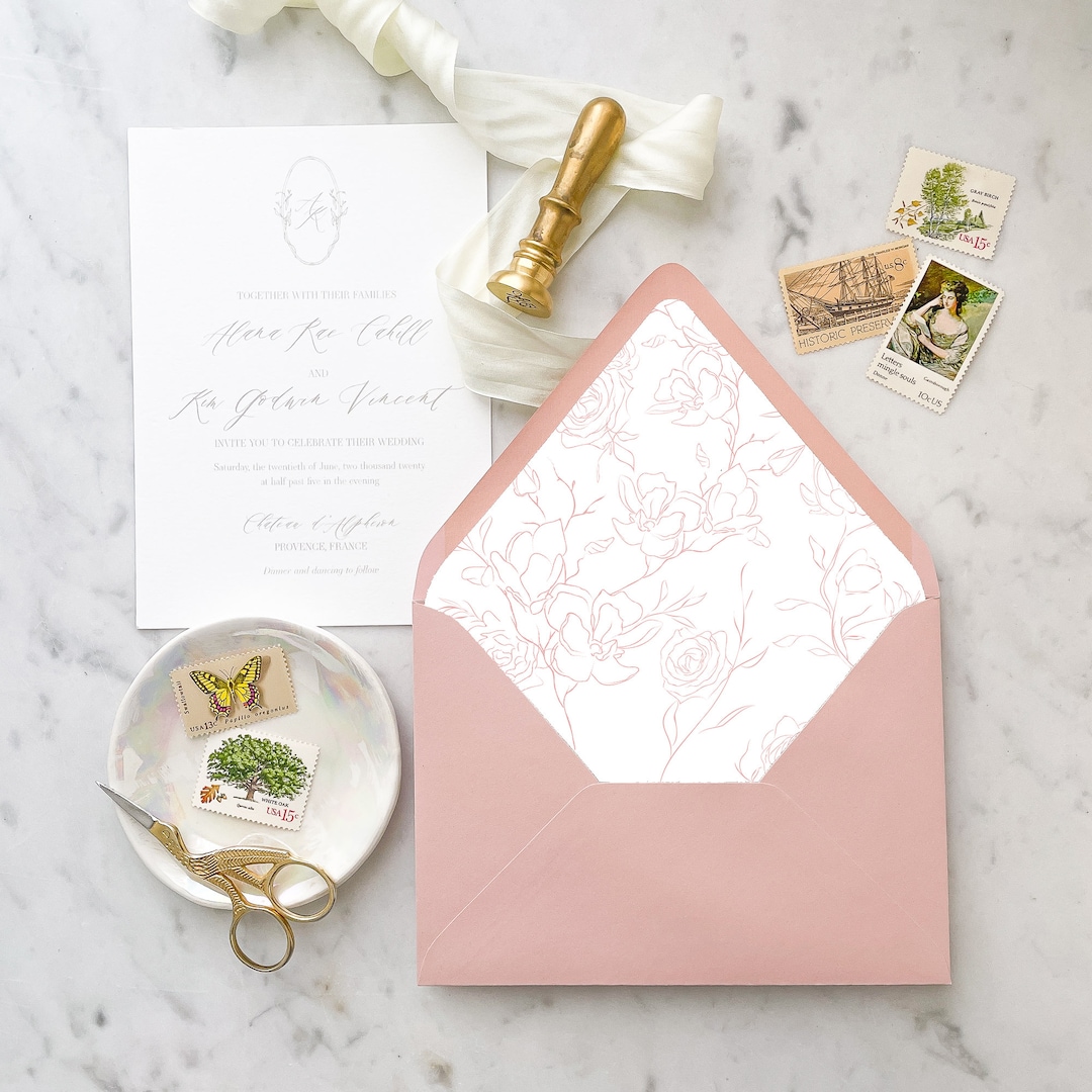 Pink Floral Sketch Envelope Liner - SET OF 25, Printed Envelope Liners ...