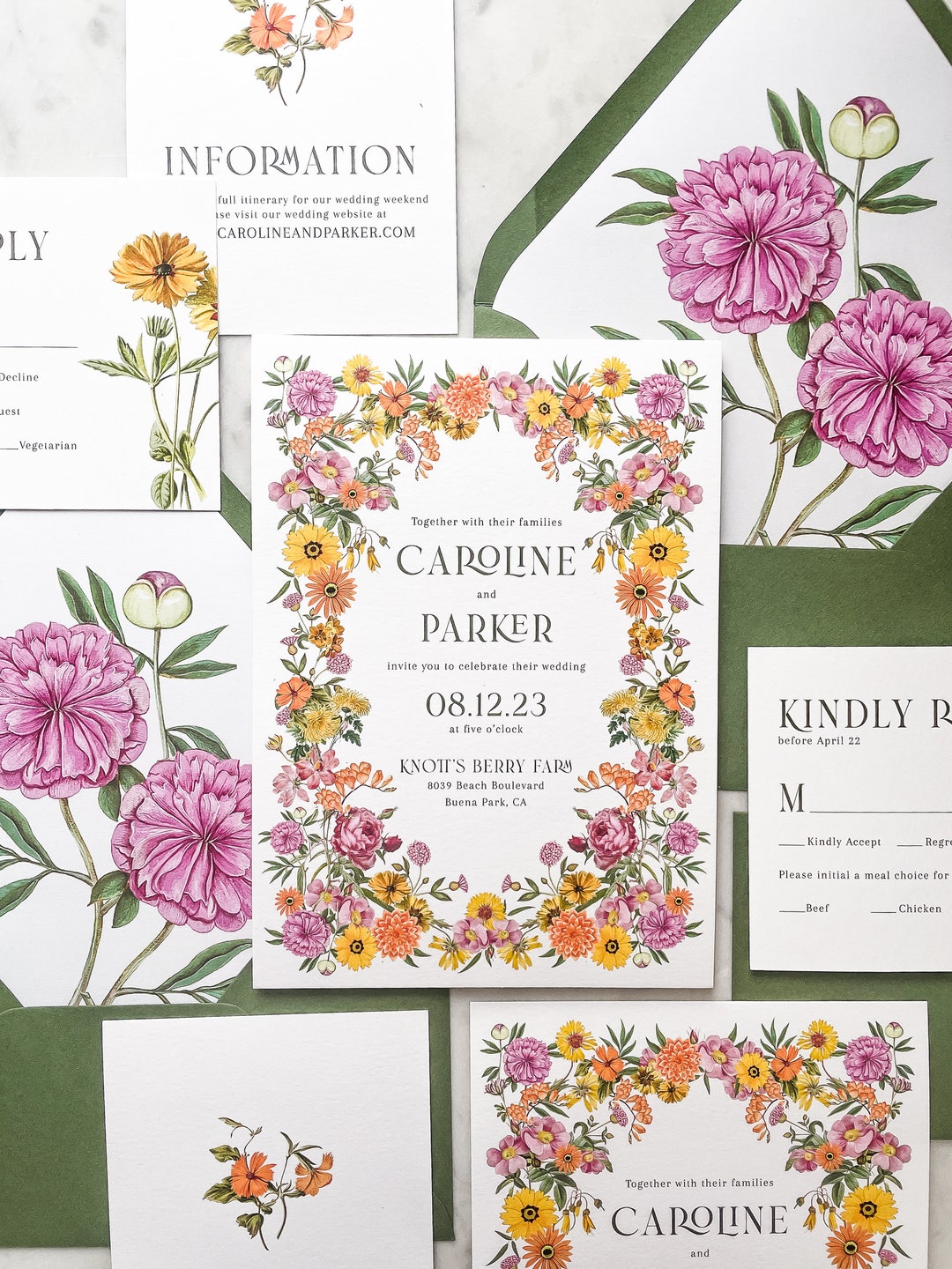 Pink, Orange, Yellow Floral Invitation Suite | Bright Summer Flowers ...