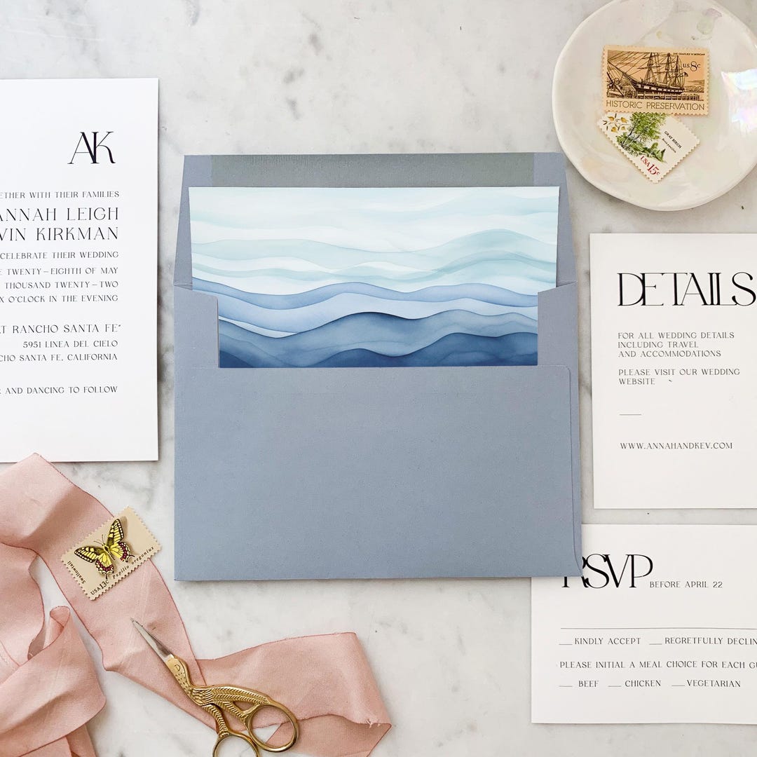 Ocean Waves Blue Ombre, Square Liners SET OF 25, Printed Envelope ...