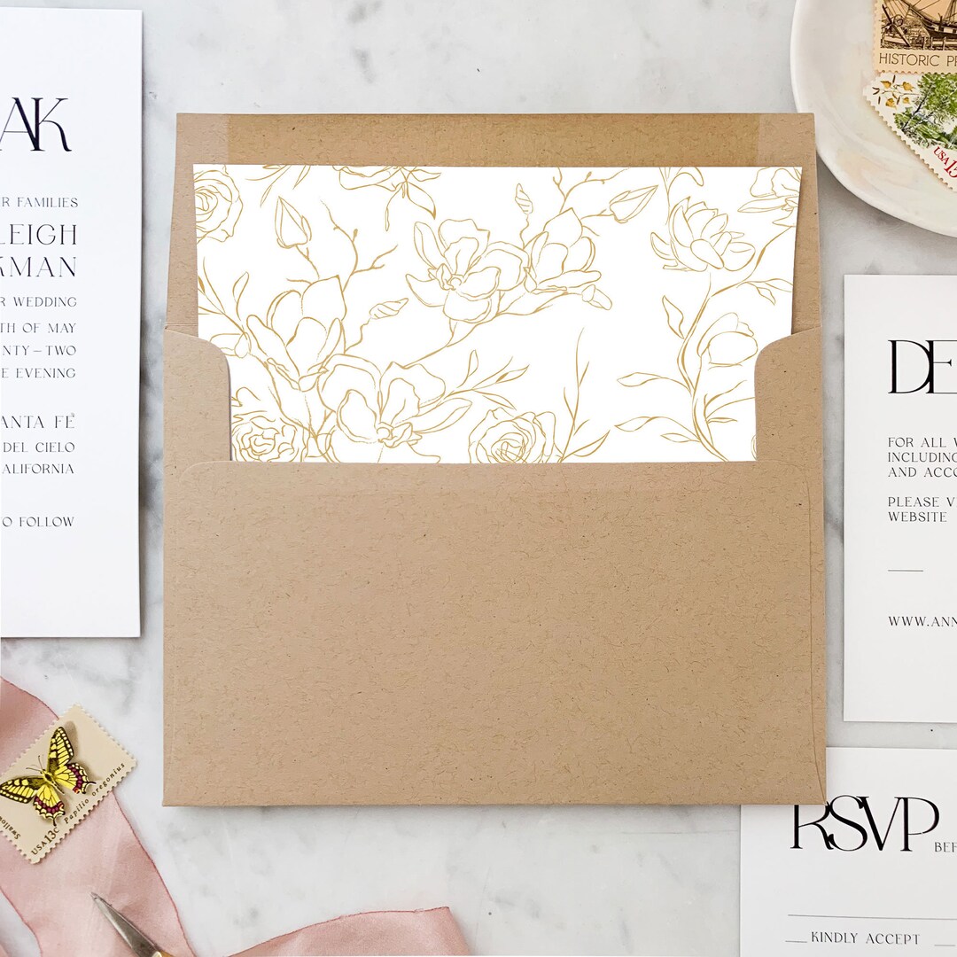 Gold Floral Square Flap Envelope Liner - SET OF 25, Printed Envelope ...
