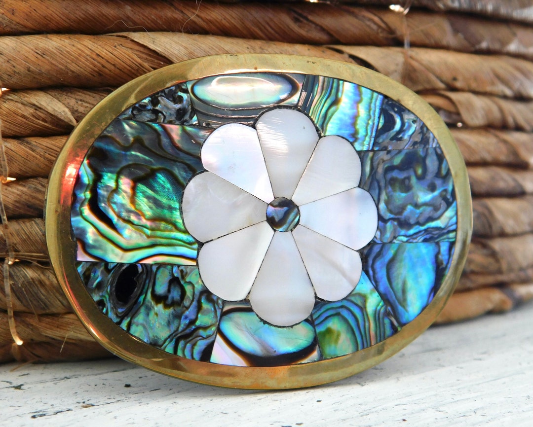 Brass Belt Buckle With Abalone and Mother of Pearl Shell Inlay - Flower ...