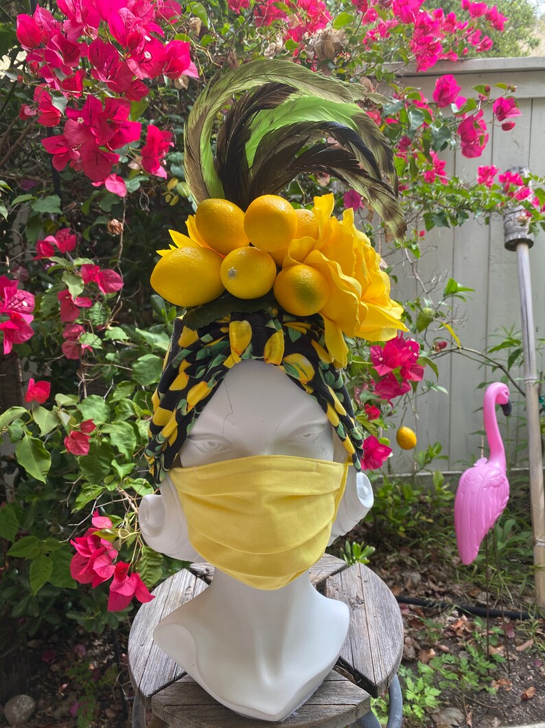 Handmade Lemon and Feather Custom Turban Carmen Miranda Showgirl ...