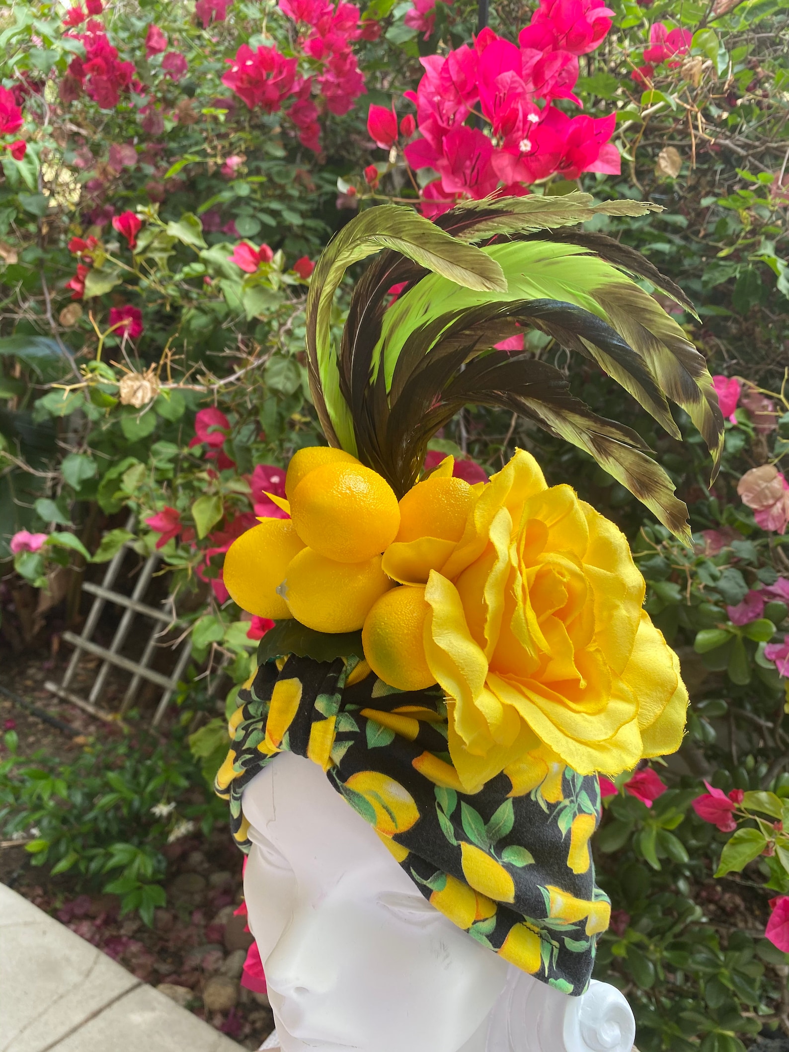 Handmade Lemon and Feather Custom Turban Carmen Miranda Showgirl ...