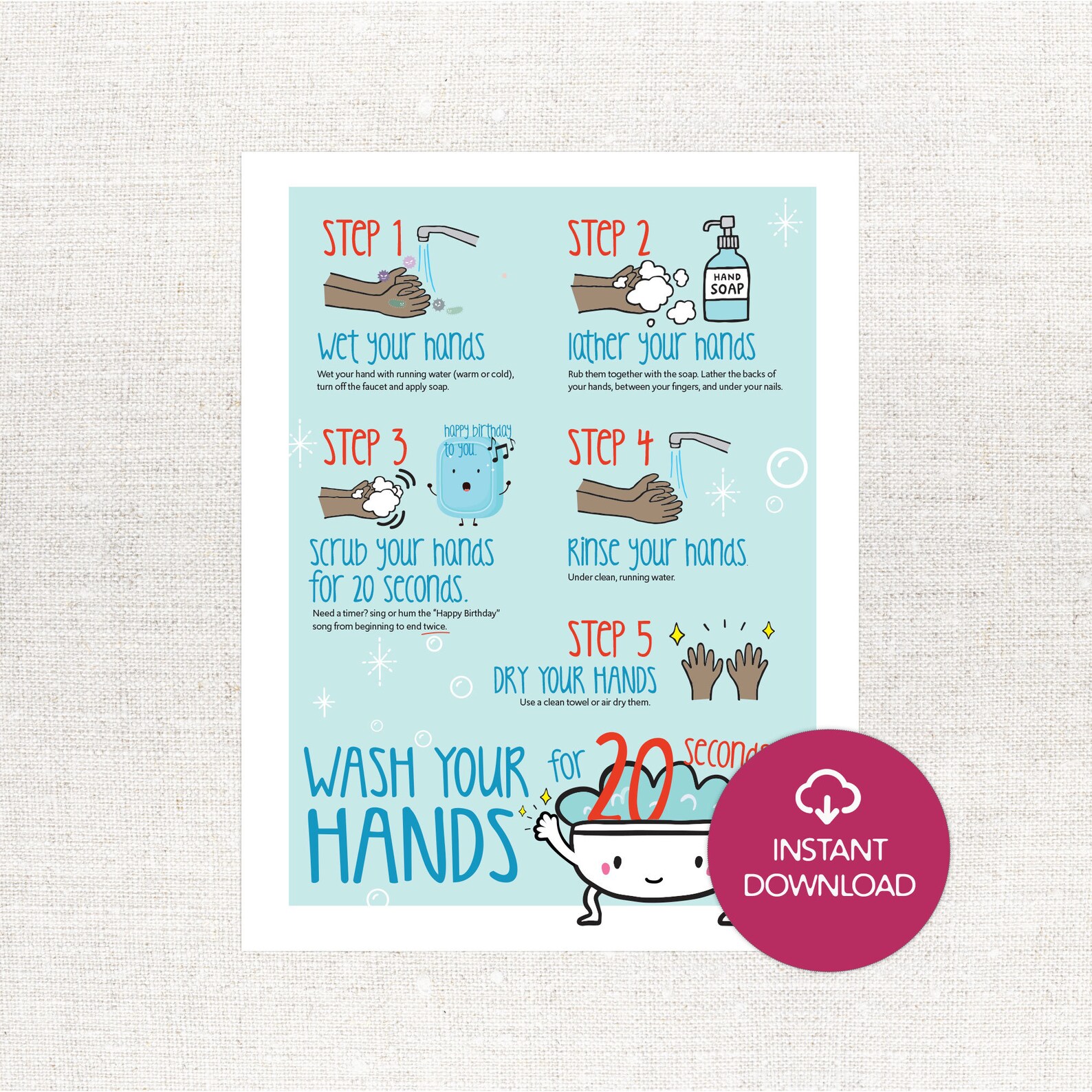 Hand Washing Printable Chart: Cute How to Wash Hands Routine Chart ...