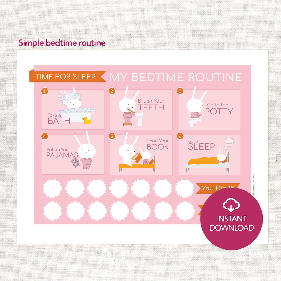 Bedtime Routine Printable Chart for Kids, Girls, Toddlers, Boys. Pink ...