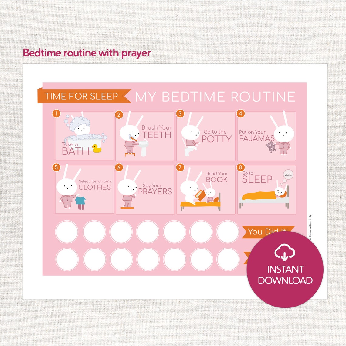 Bedtime Routine Chart With Prayer for Boys, Girls, Toddlers, Kids. Pink ...
