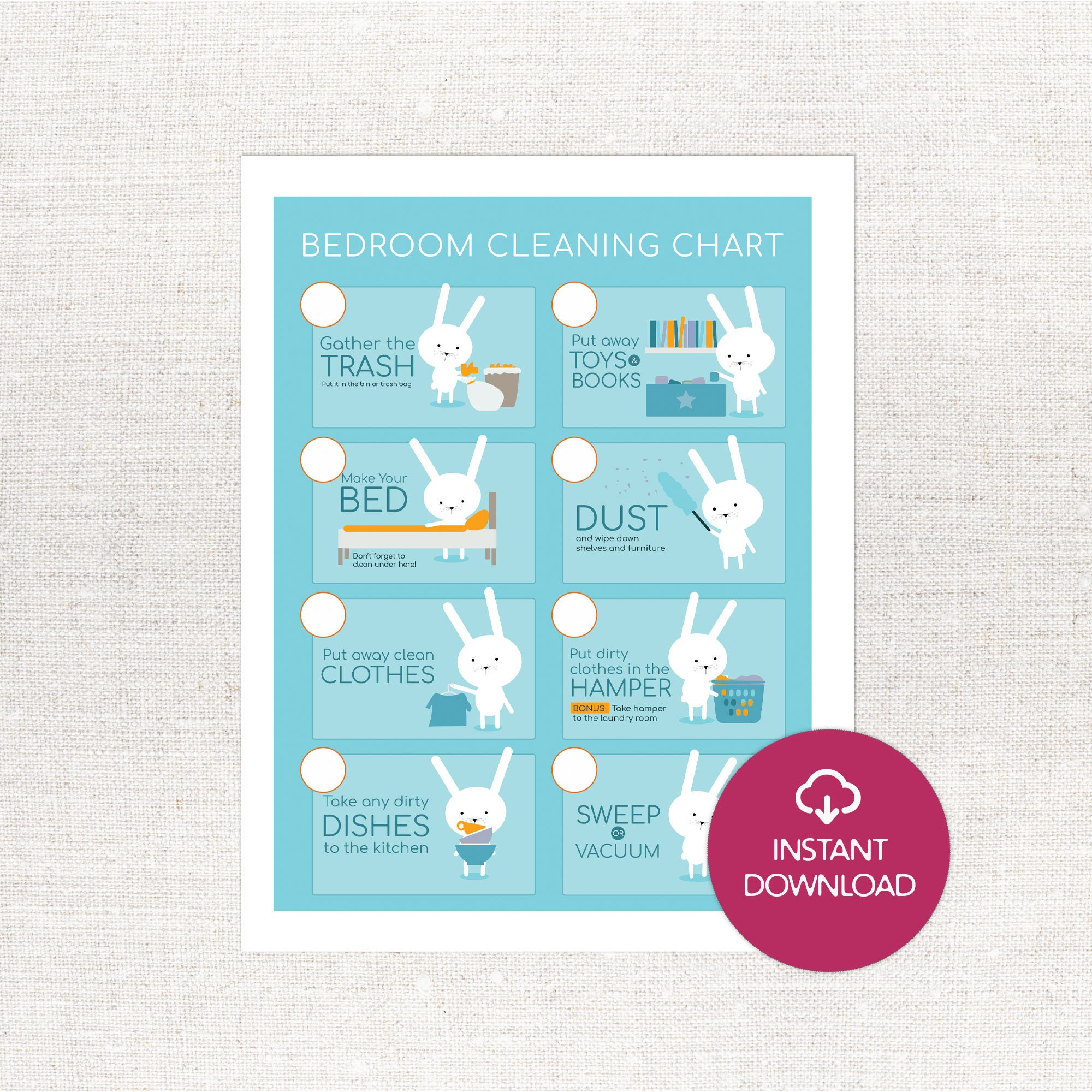 How to Clean Your Room Chart - Cute Bunny Printable for Boys, Girls ...