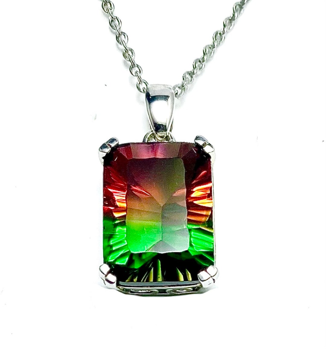 P41216W Classic Style Water Melon Helenite Emerald Cut 12x10mm 925 ...