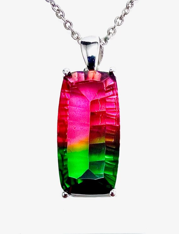 P6491W Classic Style Water Melon Helenite Fancy Cut 10x20mm 925 Sterling Silver Pendant Gift for Her