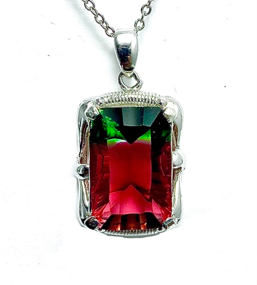 P10244W Unique Style Water Melon Helenite Emerald Cut 12x15mm 925 ...