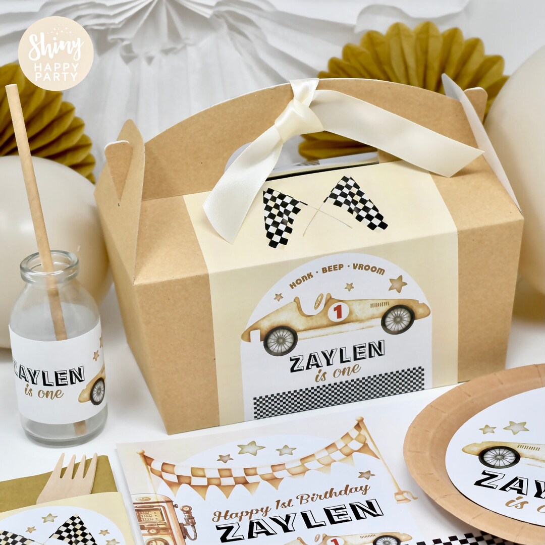 BEIGE VINTAGE CAR Personalised Party Box Add Matching Paperie to Co ...