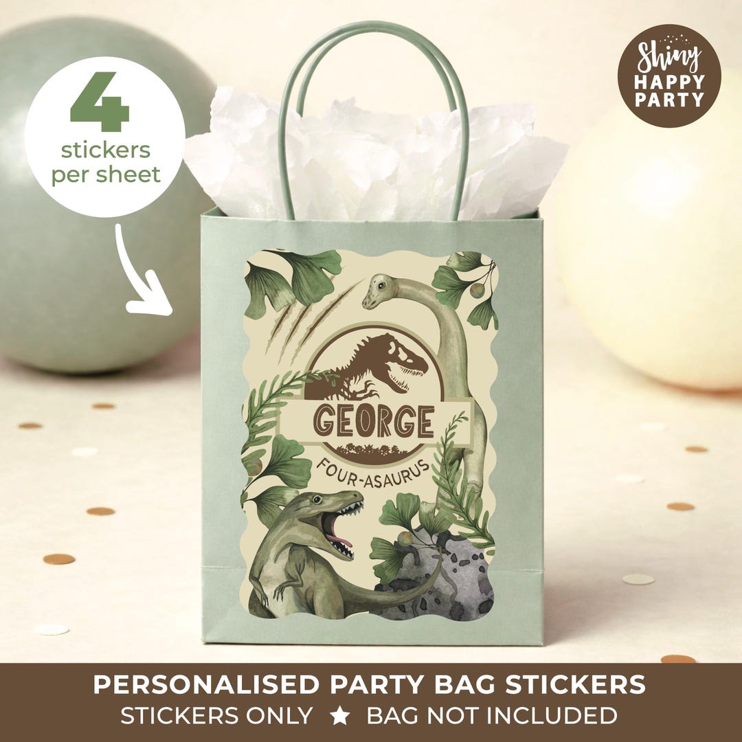 Personalised Dinosaur Birthday Party Bag Box Stickers - Sage Green Dino ...