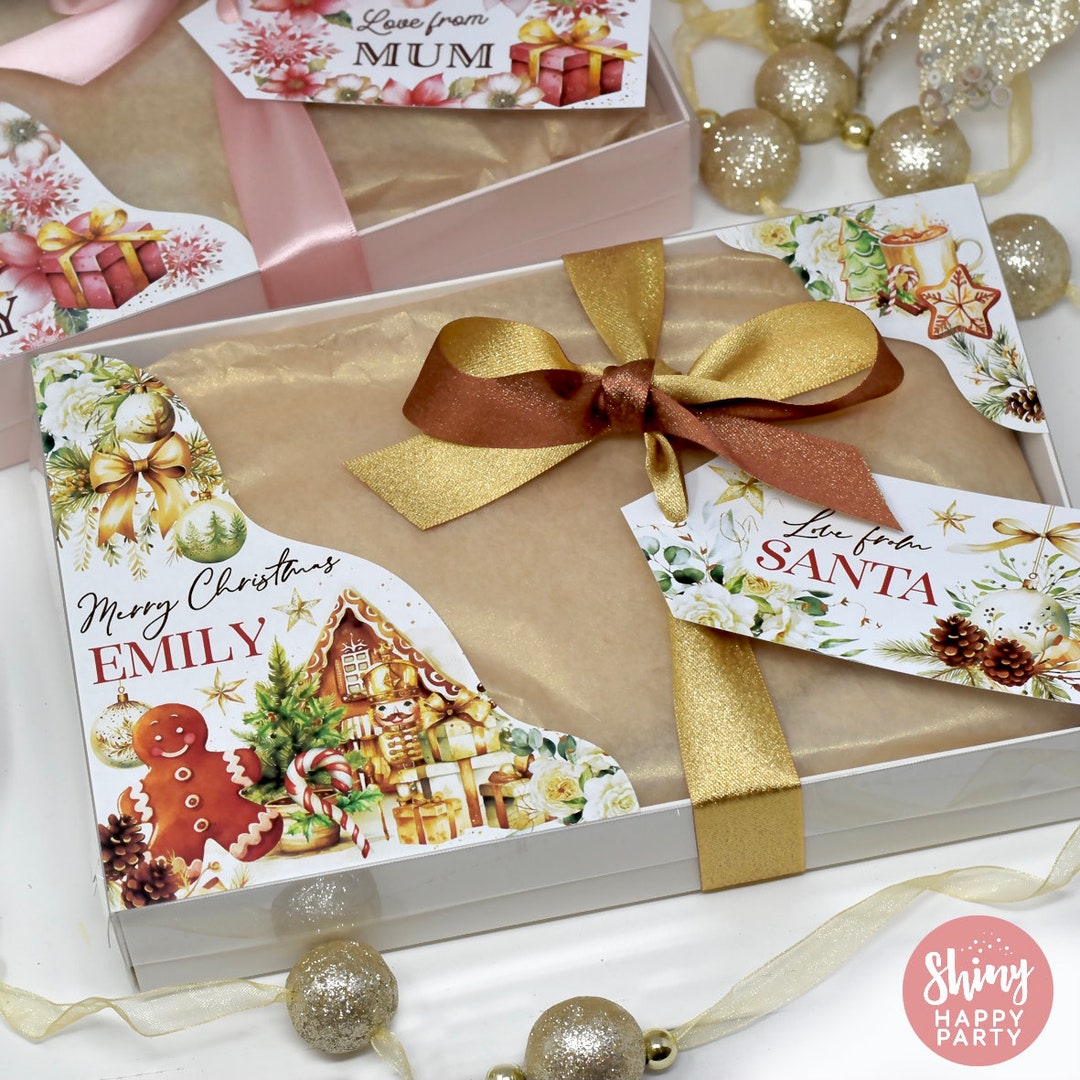 GOLD Festive GRAZE BOX Personalised Party Box With Clear Lid. Gift Tag ...