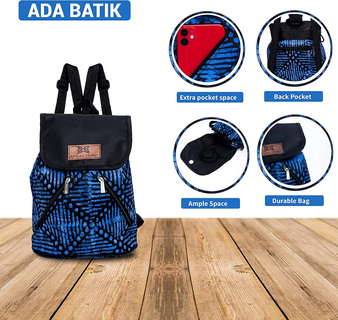 Blue Adire Mini African Print Backpack | Adire Small Waterproof Casual ...