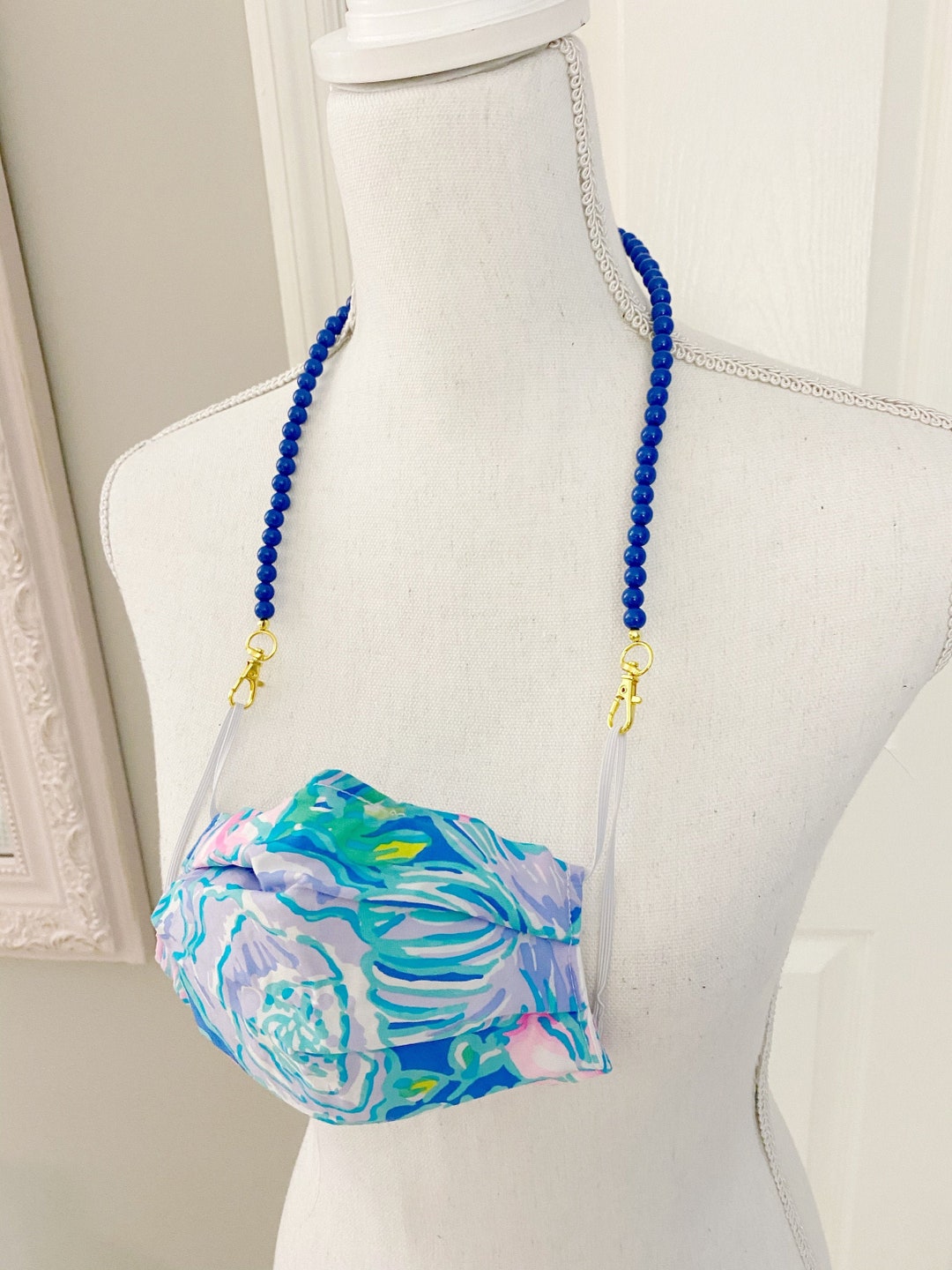 Dark Blue Preppy Skinny Beaded Face Mask Holder Lanyard - Etsy