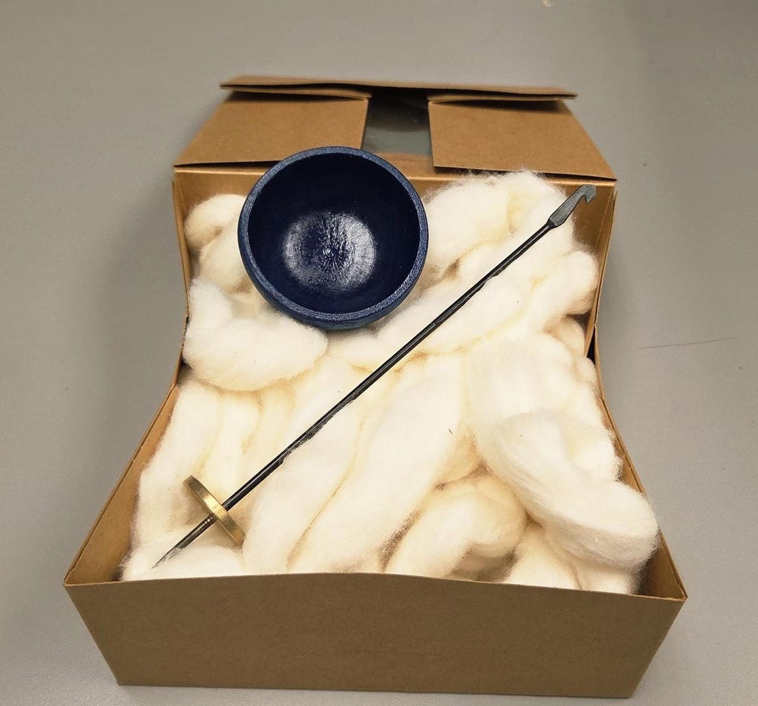 Spin Cotton Fiber Kit. Painted Wood Support Bowl & Brass Thakli Spindle ...