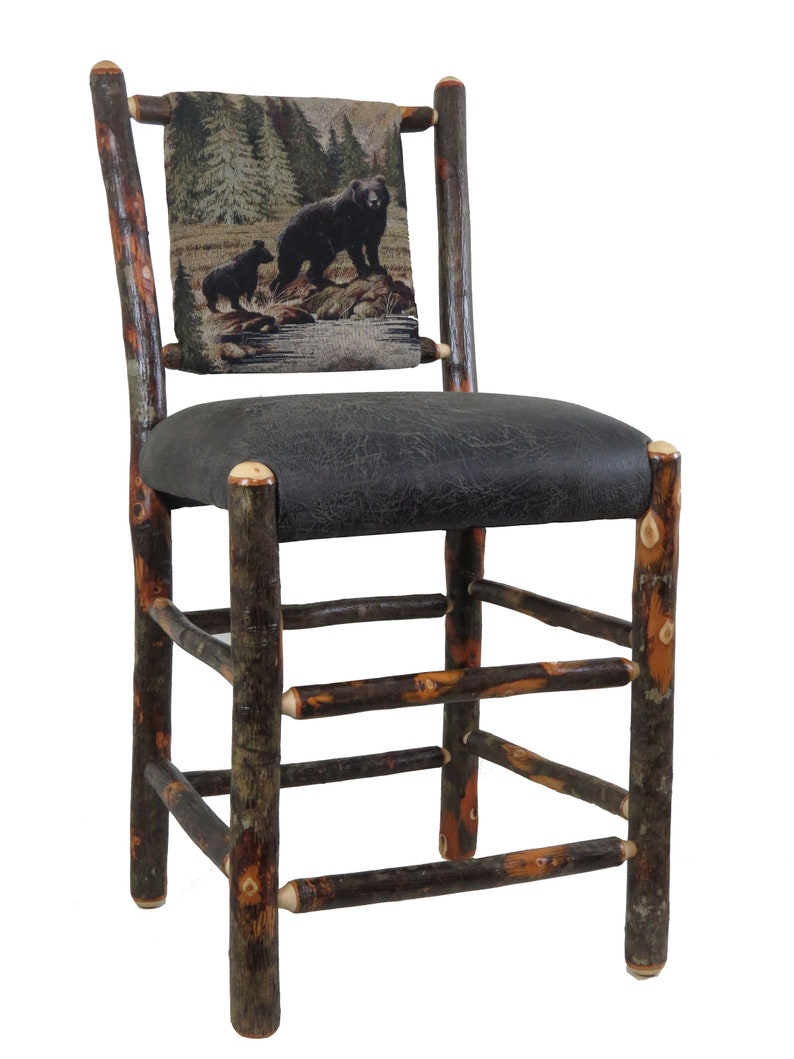 24" Rustic Hickory Upholstered Bar Stool With Bear and Cub Back - Etsy
