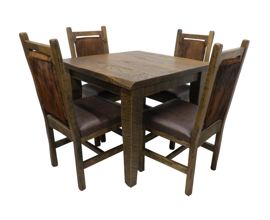 Distressed Oak Farmhouse Dining Table Set, Leather Seats, Hair on Hide ...