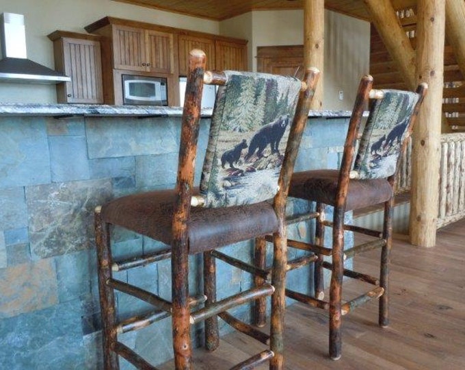 24 Rustic Hickory Upholstered Bar Stool With Bear and Cub Back - Etsy