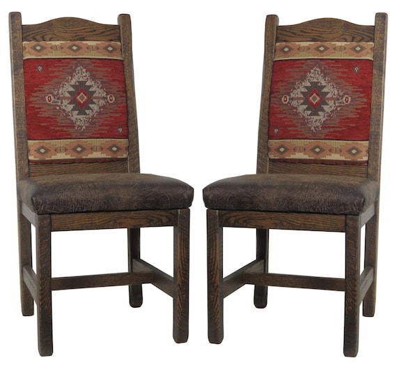 Set of 2 modern Rustic Upholstered Oak Dining Chair With Red Diamond Upholstered Seat and Back Southwest Style Multiple Fabric Options Etsy