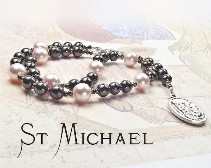 St MICHAEL CHAPLET With Haematite Beads and Palest Pink Swarovsi Pearls ...