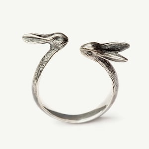 Hare Ring in Silver or Bronze Small Wild Rabbits Adjustable Band Made ...