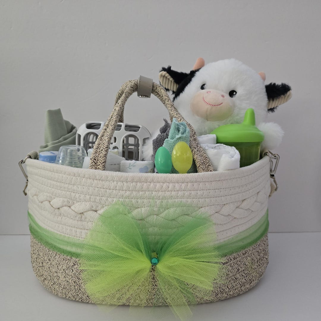 Baby Diaper Caddy Gift Basket: Woven Organizer, Plush Animal, Practical ...