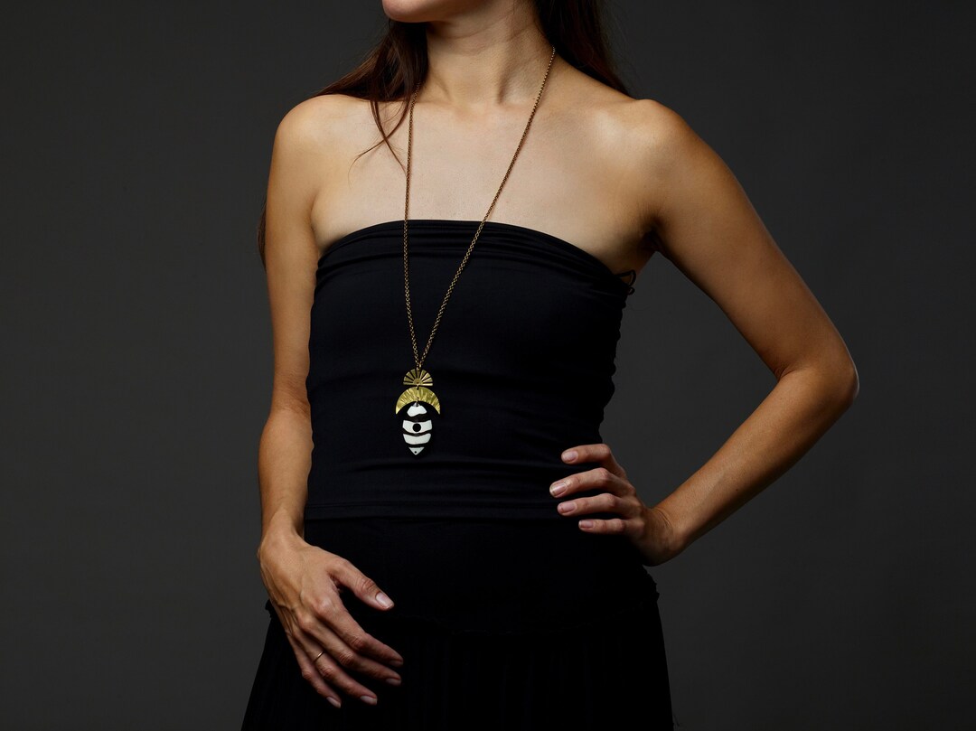 Long Gold Pendant With Black and White Batik Piece A Gold Bohemian ...