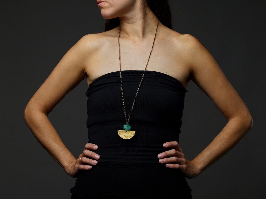 Long Gold Pendant Necklace With Fluorite Stone and Hammered Brass Piece ...