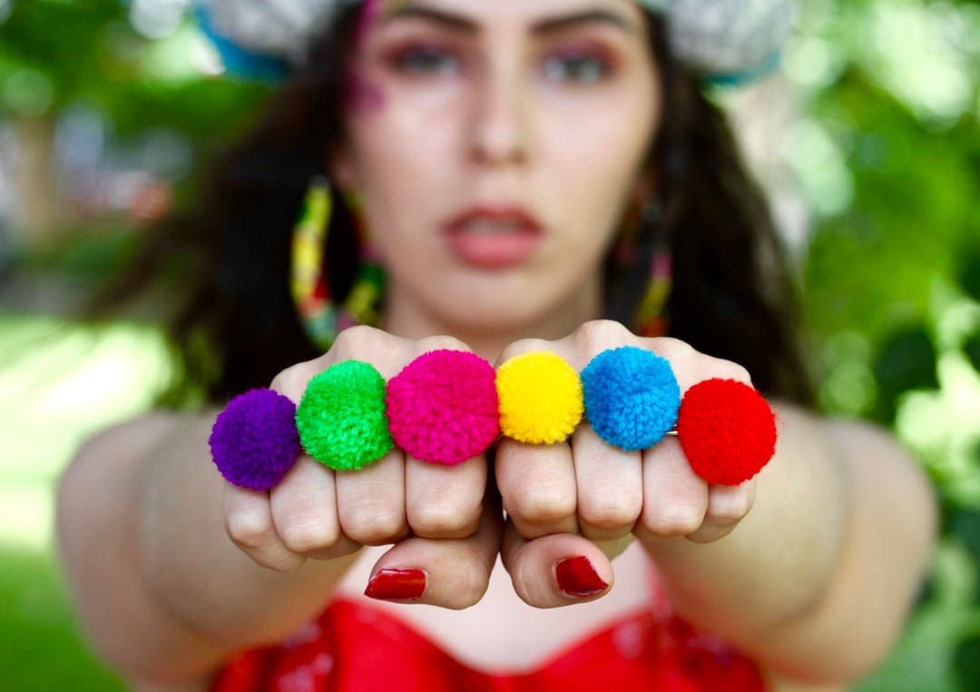 Pom Pom Ring, Pom Pom Jewelry, Festival Jewelry, Rainbow Rings, Ring ...