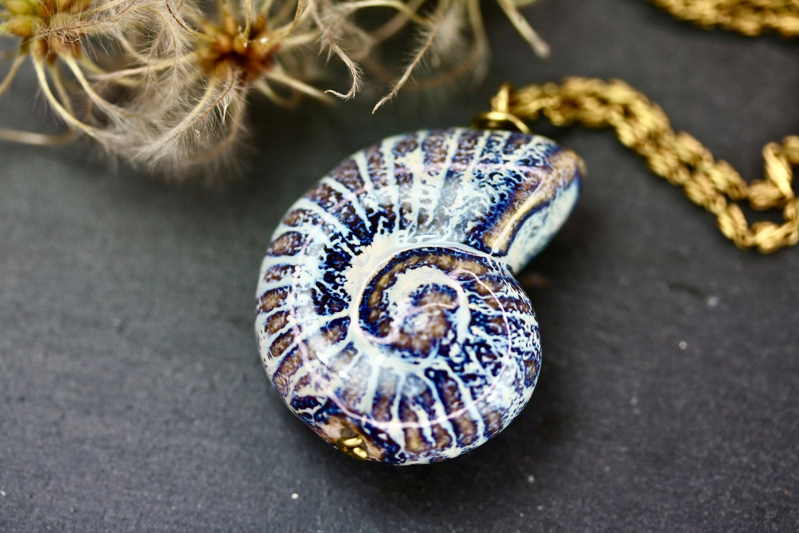 Long Ammonite Pendant Necklace , Long Necklace, Snail Necklace, Sail ...
