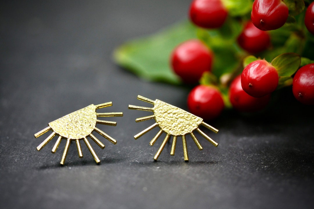 Textured Brass Sun Studs, Celestial Earrings - Etsy