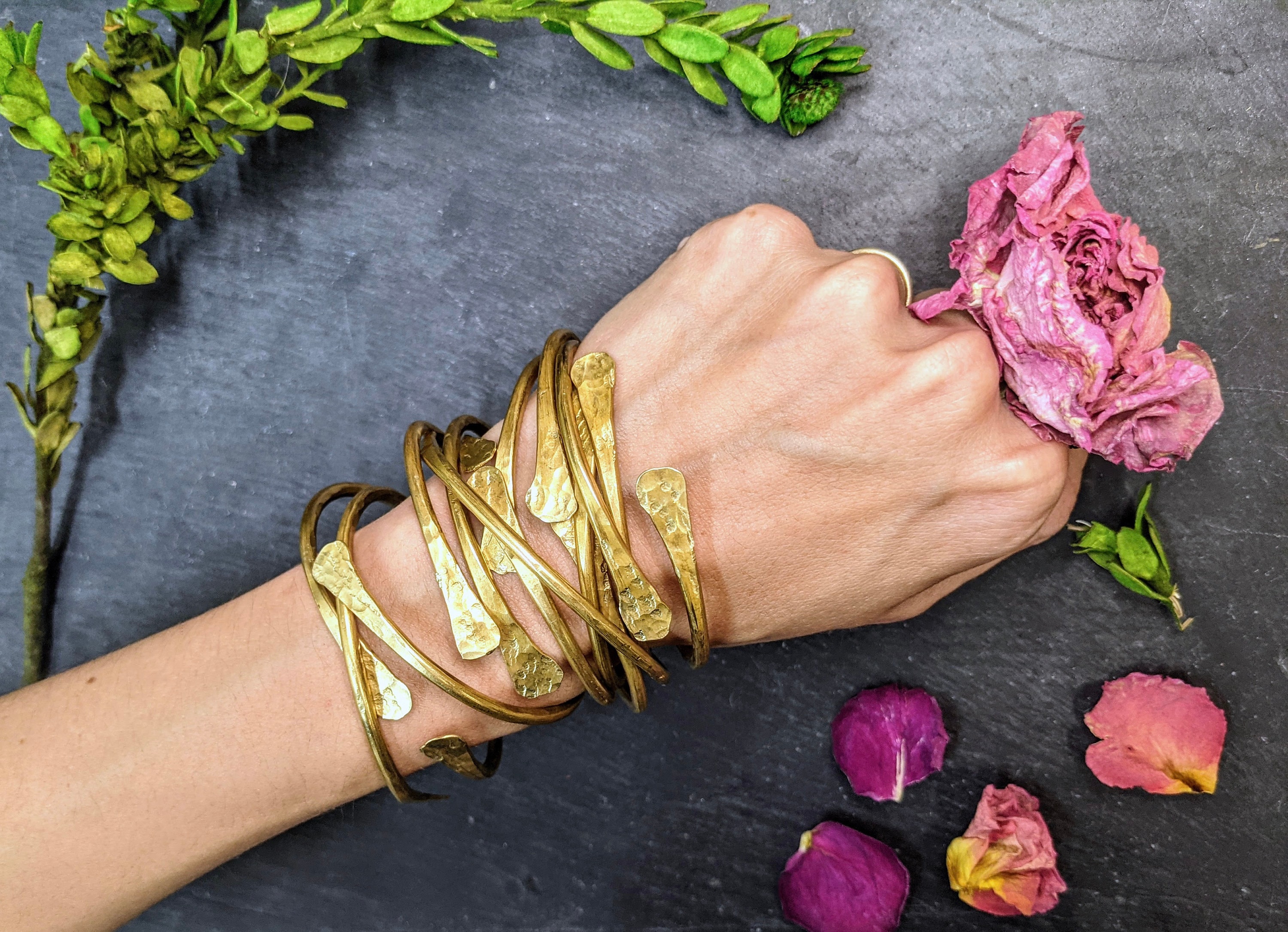 Hammered Brass Stacking Bangle Bracelet Set, Boho Jewelry - Etsy