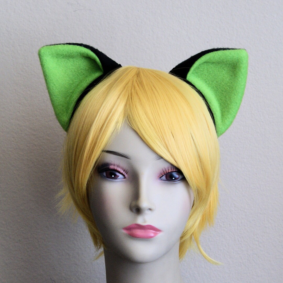 Black & Lime Green Fleece Kitty Cat Cosplay Ears Set + Black 3mm Metal ...