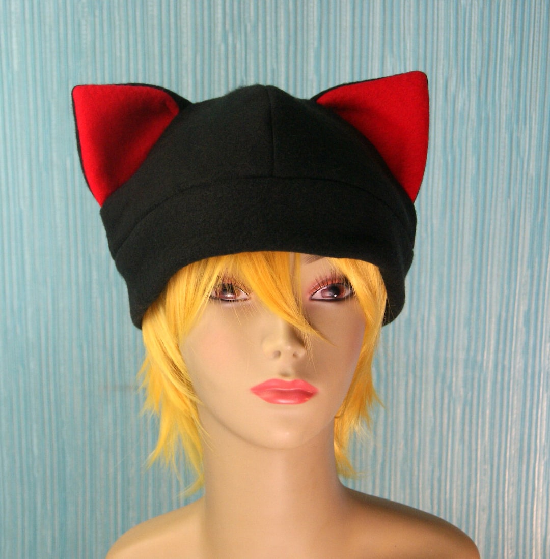 Fleece Cat Hat / BLACK RED Inner Ears Beanie Style Cap Cute Anime Neko ...