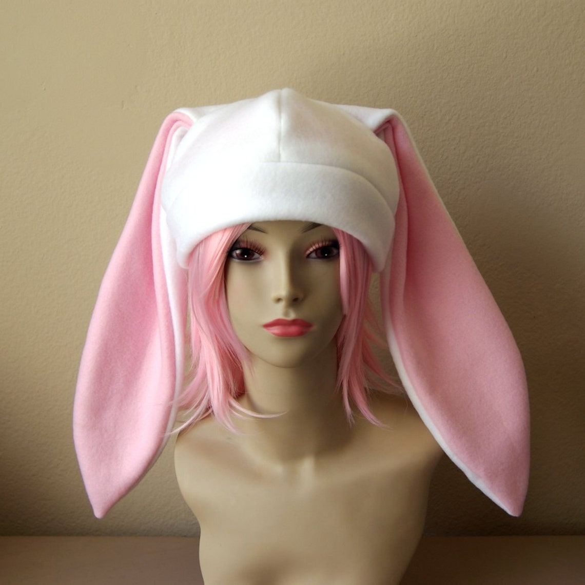 Cute Bunny Ear Hat - White & Pink Fleece Rabbit Beanie, Long Ears ...