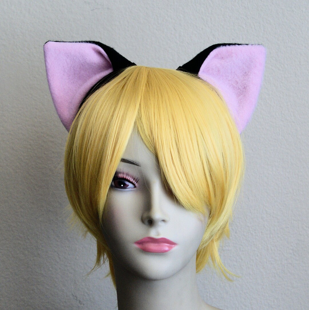 Made-to-order / Black & Pastel Pink Fleece Kitty Cat Cosplay Ears Set ...