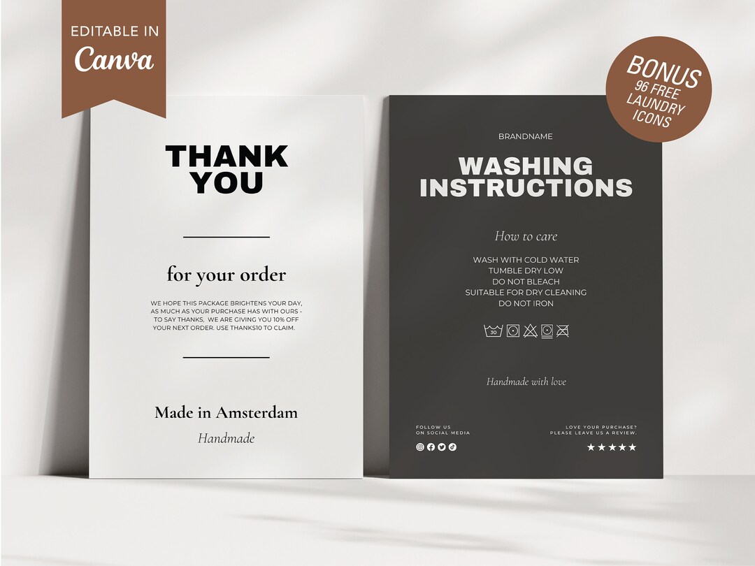 Modern Care Card Template, Editable Care Instructions, Thank You Card ...