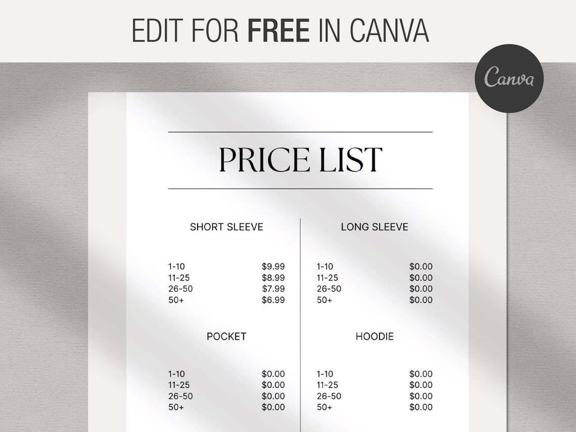 Editable Apparel Price List Template, Small Business Price List, T ...