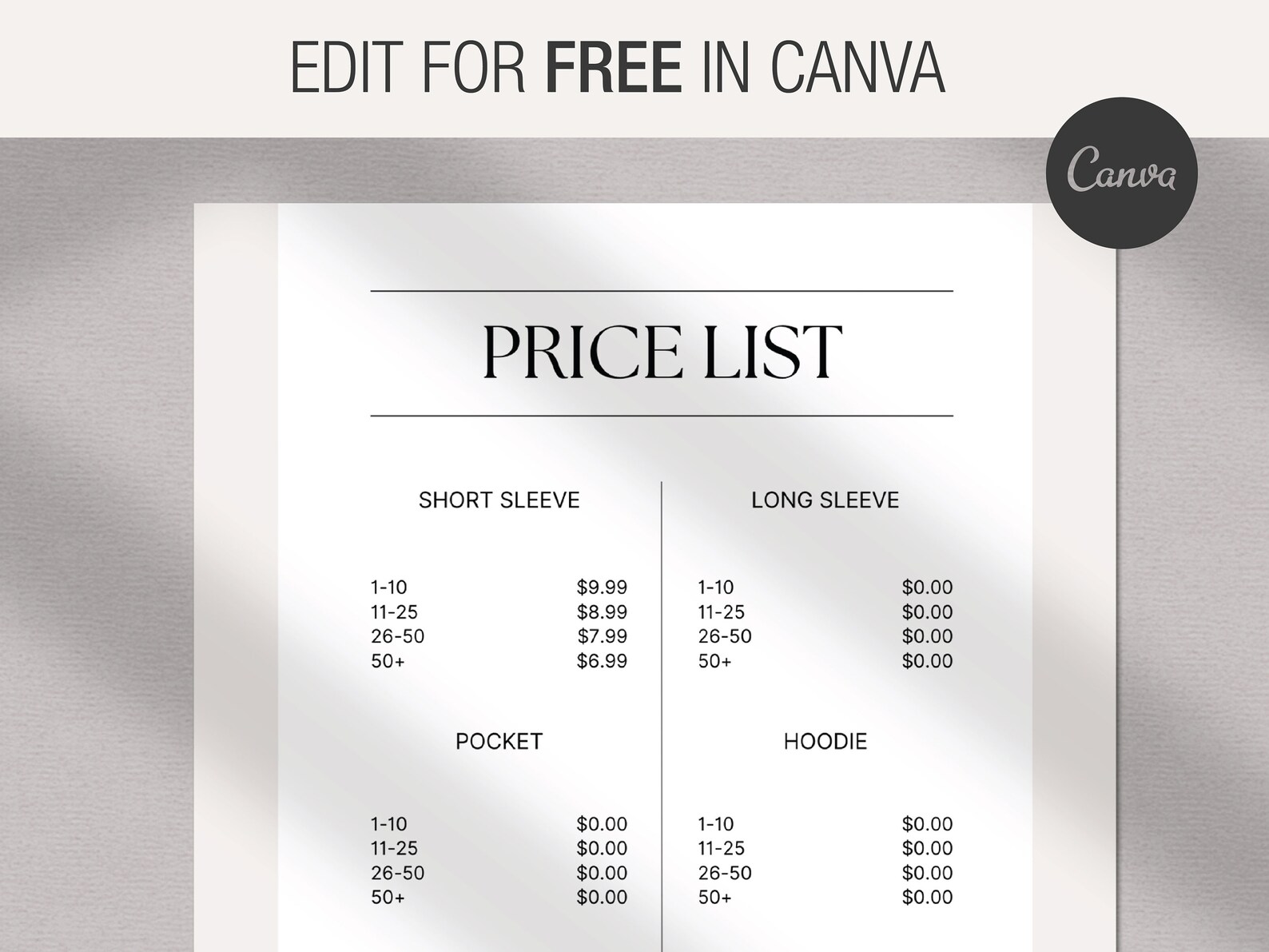 Editable Apparel Price List Template, Small Business Price List, T ...