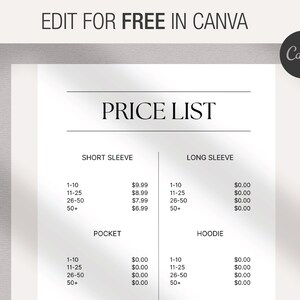 Editable Apparel Price List Template, Small Business Price List, T ...